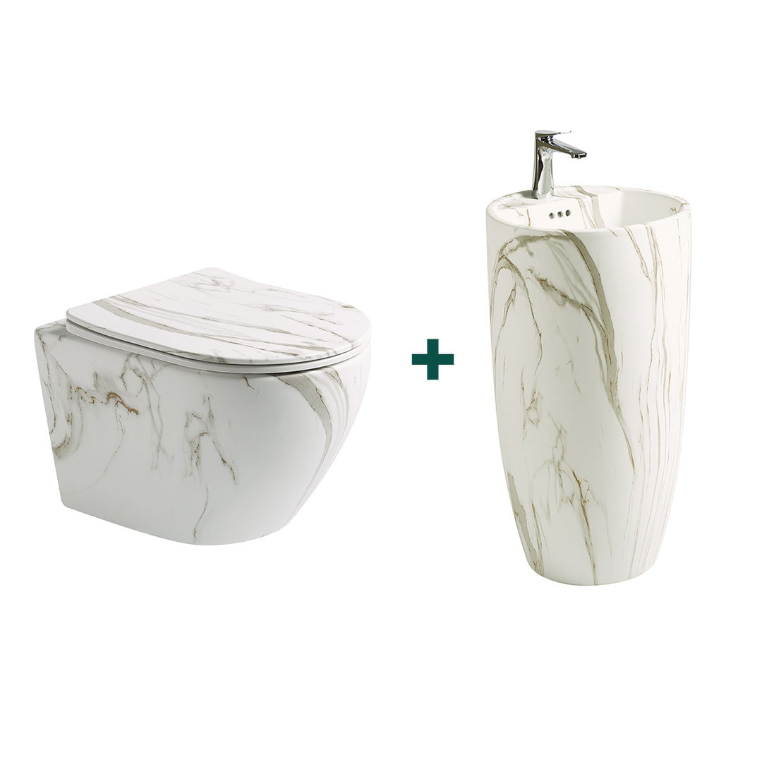 Set baie vas WC + lavoar freestanding, din ceramica sanitara, imitatie ...
