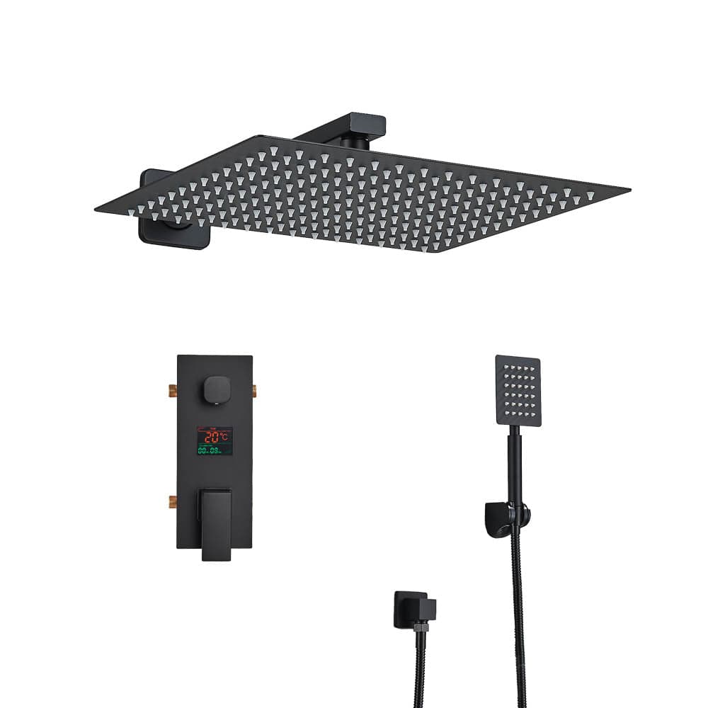 Set de dus cu para patrata de 30 cm, afisaj digital cu LED, negru mat ...