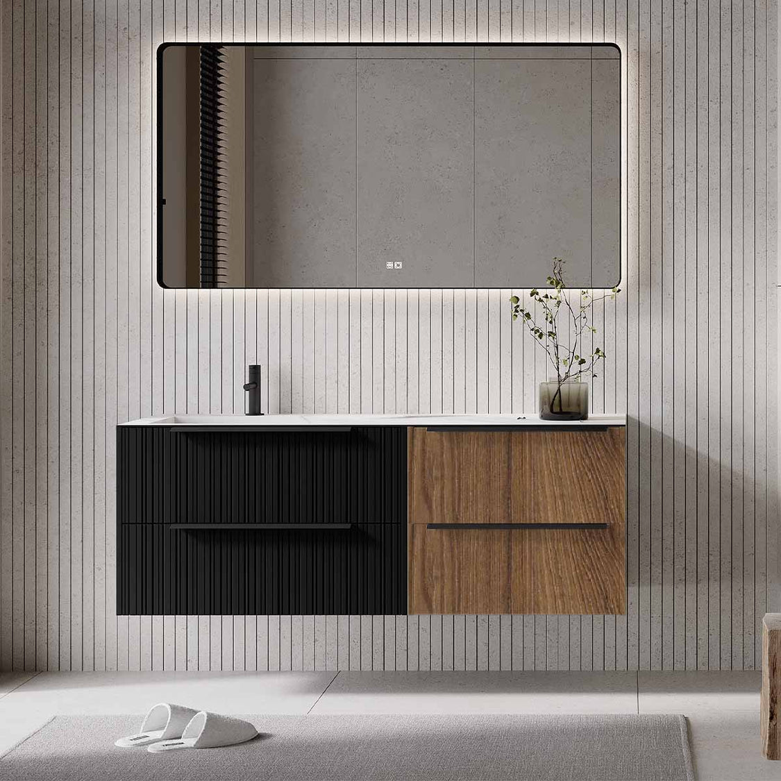 Set mobilier baie suspendat negru mat cu imitatie lemn inchis, lavoar ...