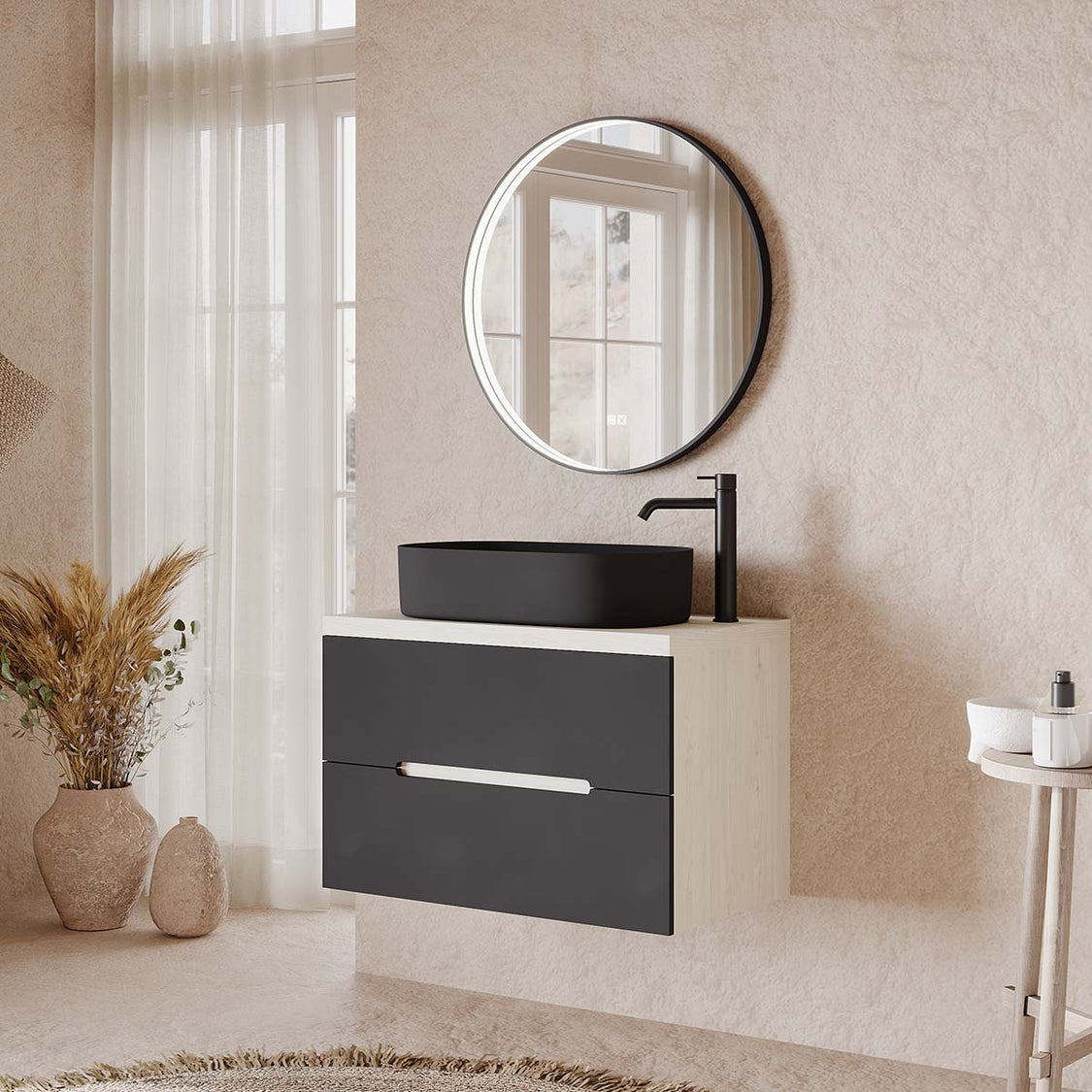 Set mobilier baie suspendat negru mat cu imitatie lemn, lavoar negru p ...