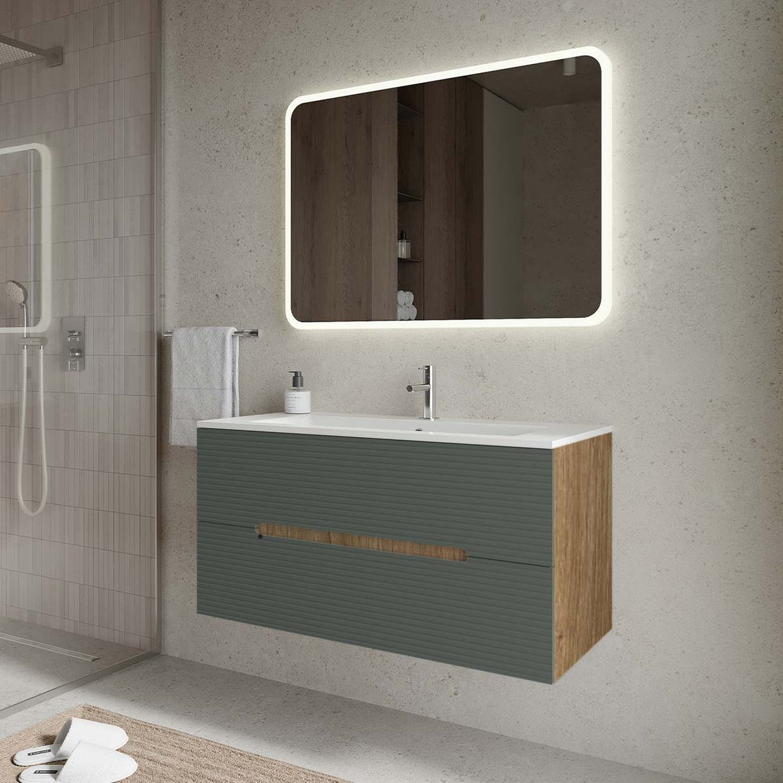 Set mobilier baie suspendat verde italia cu imitatie lemn, lavoar alb ...