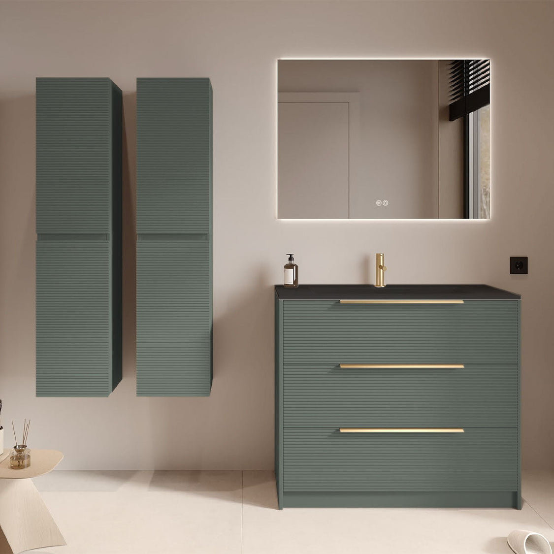 Set mobilier verde salvie cu 2 coloane suspendate, lavoar incastrat ne ...